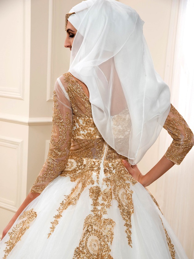 Luxurious Muslim Wedding Gown With Gold Sequins And Long Sleeves Free